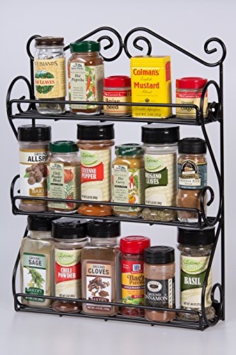 Handcrafted Deluxe Wall-Mount 3-Tier Scroll Metal Spice Rack; Black ...